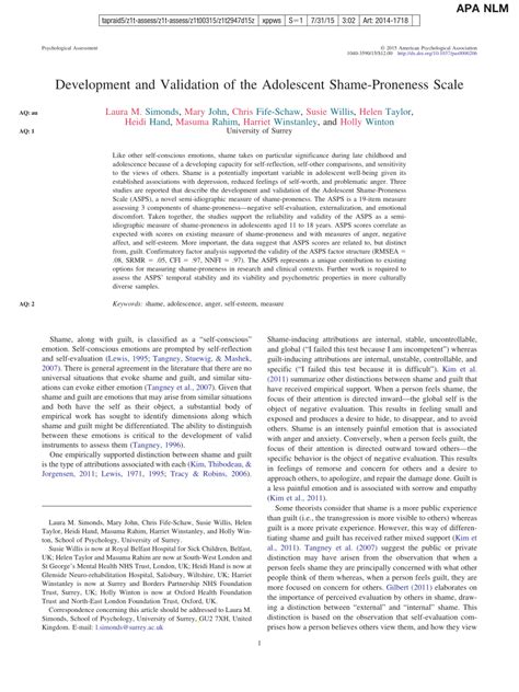 Pdf Development And Validation Of The Adolescent Shame Proneness Scale