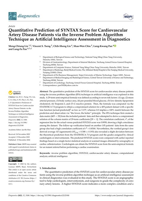 Pdf Quantitative Prediction Of Syntax Score For Cardiovascular Artery