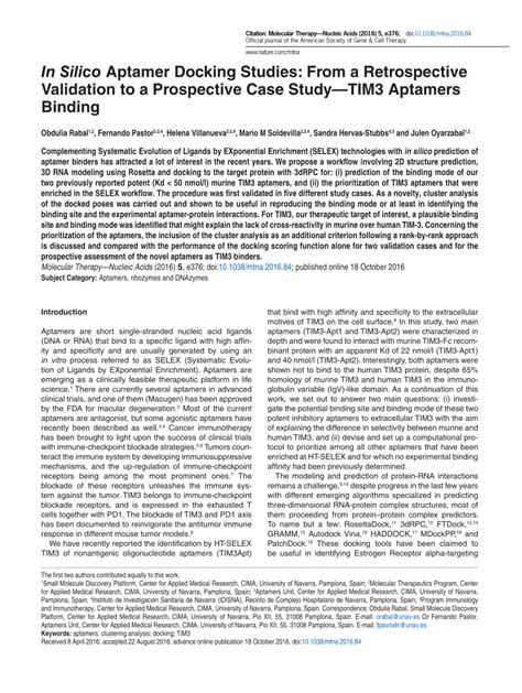 Pdf In Silico Aptamer Docking Studies From A Retrospective