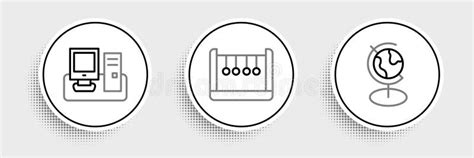 Set Line Earth Globe Monitor With Keyboard And Pendulum Icon Vector Stock Vector