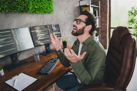 Photo Of Professional It Specialist Young Man Sit Chair Computer Desktop Loft Interior Office
