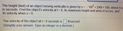 solved the height feet of an object moving vertically is