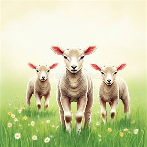 Three Lambs With Soft White Wool And Pink Tipped Ears Stand In A Grassy