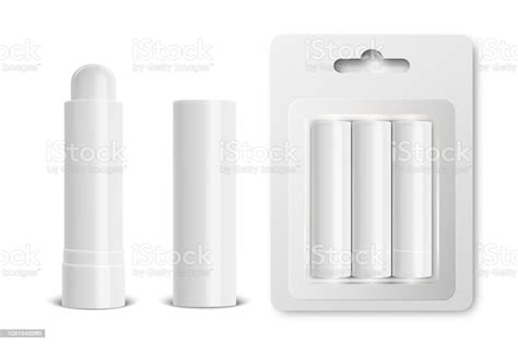벡터 현실적인 3d 화이트 빈 광택 마감 열 물집 립 밤 스틱 또는 위생 립스틱에서 흰색 배경에 고립 된 근접 촬영을 설정 합니다 디자인 서식 파일 그래픽 브랜딩 광고 모형