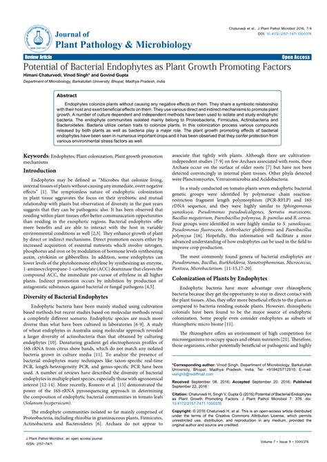 Pdf Potential Of Bacterial Endophytes As Plant Growth Promoting Factors