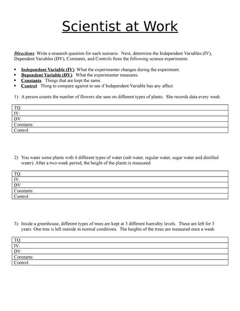 Experimental Variables Worksheet Scientist At Work Directions Write