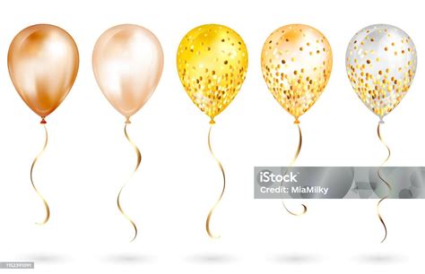 디자인에 대 한 5 반짝 골드 현실적인 3d 헬륨 풍선의 집합입니다 반짝이 골드 리본 광택 풍선 생일 파티 브로셔 초대장 카드 또는 베이비 샤워를 위한 완벽 한 장식 고무에