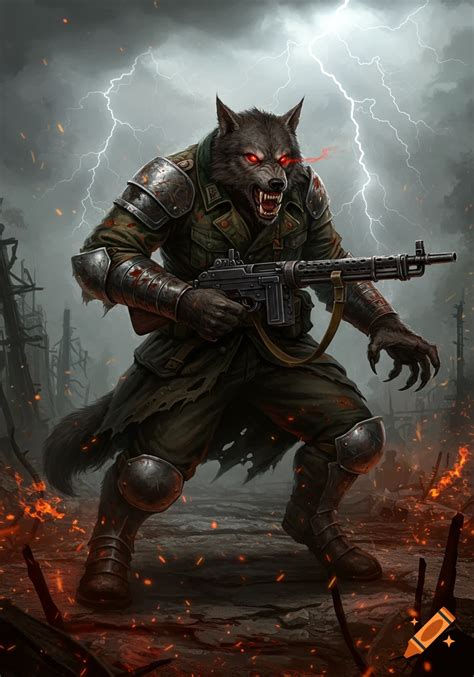 A Fierce Muscular Werewolf In Detailed Brown Leather Armor Holds A