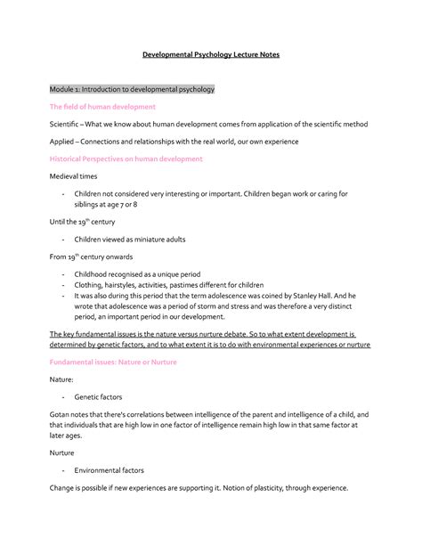 Developmental Psych Lecture Notes Developmental Psychology Lecture