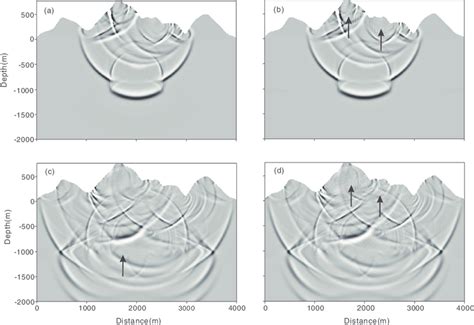 snapshots of a vertical component showing wave propagation in the
