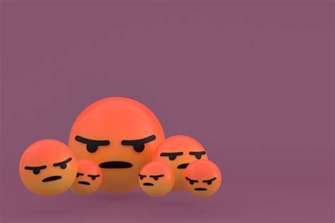 화난 아이콘 페이스북 반응 이모티콘 3d 렌더링 갈색 배경에 소셜 미디어 풍선 기호 프리미엄 사진