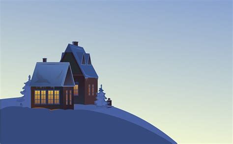 겨울에 시골 작은 집 풍경화 크리스마스 밤 조용한 겨울 저녁 화기 지붕은 눈으로 덮여 있다 친절하고 아늑한 교외 마을 플랫 만화 스타일 벡터 아트 마을에 대한 스톡 벡터