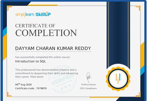 completed introduction to sql course on simplilearn charan kumar