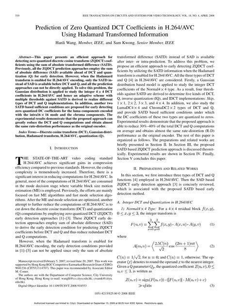 Pdf Prediction Of Zero Quantized Dct Coefficients In H264avc Using