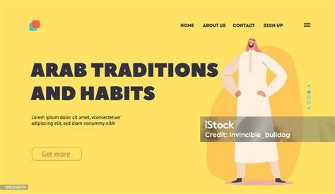 아랍 전통과 습관 방문 페이지 템플릿 사우디 남성 캐릭터 착용 Thawb 또는 Kandura 드레스 아라비아 남자 개념에 대한 스톡 벡터 아트 및 기타 이미지 Istock