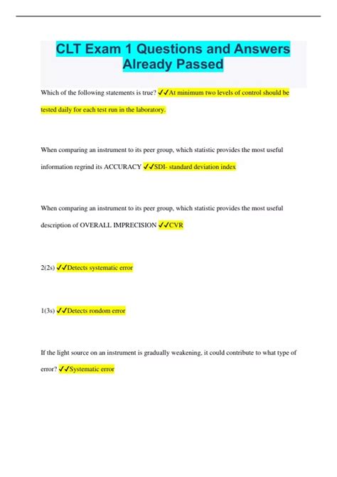 Clt Exam 1 Questions And Answers Already Passed Clt Stuvia Us