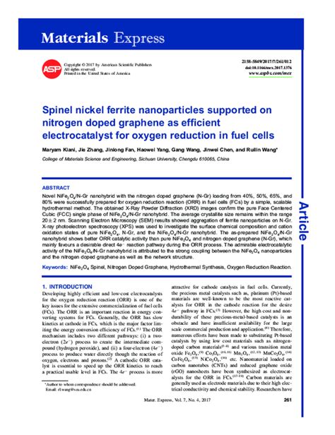 Pdf Spinel Nickel Ferrite Nanoparticles Supported On Nitrogen Doped Graphene As Efficient