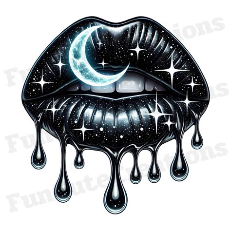Black Dripping Lips With Moon And Stars Png Celestial Lips Clipart