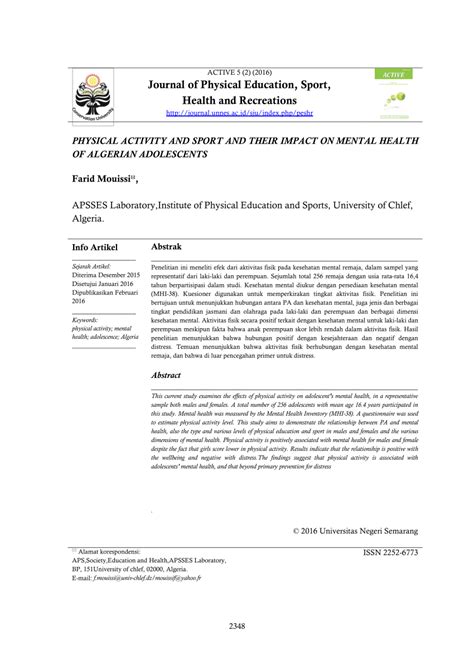 Pdf Physical Activity And Sport And Their Impact On Mental Health Of Algerian Adolescents