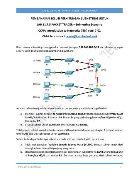 Pembahasan Solusi Perhitungan Subnetting Untuk Lab 11 7 5 Packet Tracer Subnetting Scenario PDF