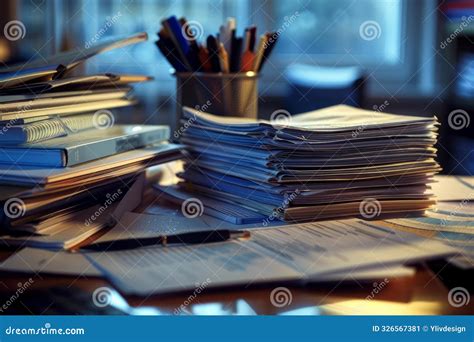 Stack Of Files And Folders Covering Office Desk At Night Stock Image