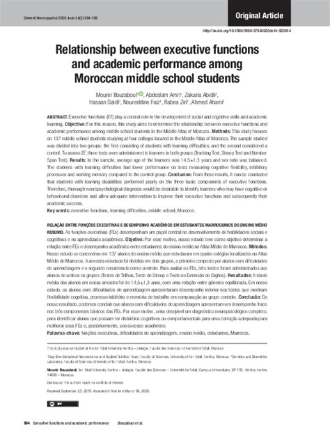 Pdf Relationship Between Executive Functions And Academic Performance Among Moroccan Middle