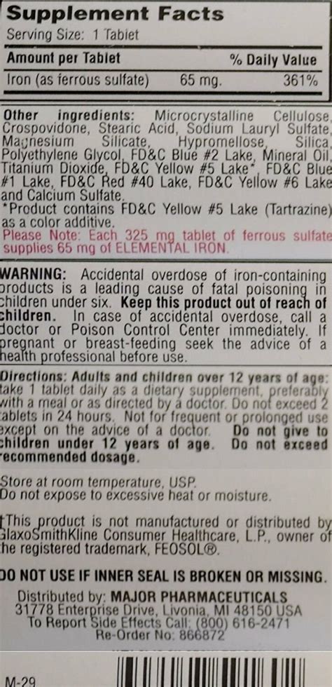 Ferosul 325mg 5gr Ferrous Sulfate Coated Easy To Swallow 100 Tablets