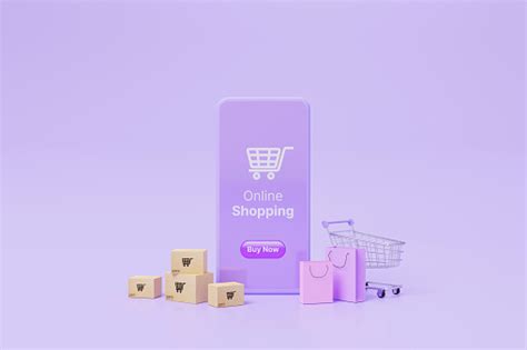온라인 쇼핑 컨셉 웹 또는 모바일 응용 프로그램 전자 상거래 판지 용지 상자와 장바구니와 장바구니가있는 스마트 폰 3d 렌더링 3차원 형태에 대한 스톡 사진 및 기타 이미지