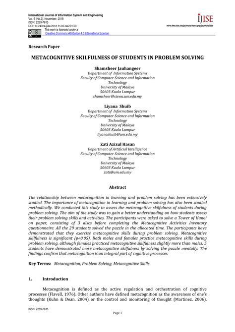 Pdf Metacognitive Skilfulness Of Students In Problem Solving