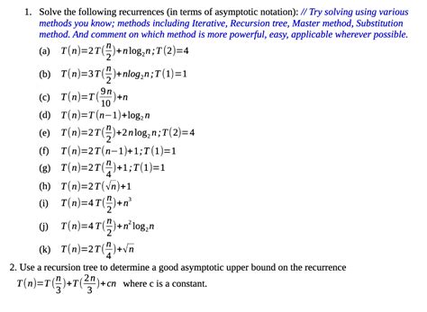 Solved N N 1 Solve The Following Recurrences In