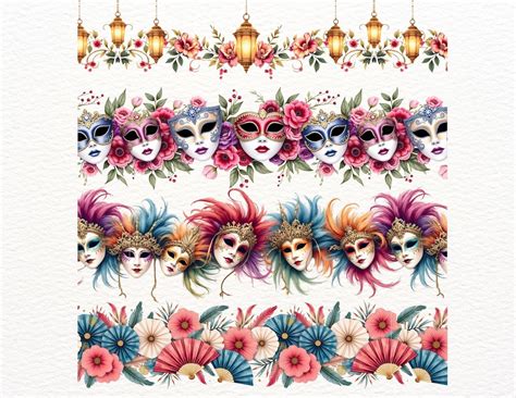 12 Venetian Carnival Seamless Borders Masquerade Mask Floral Border