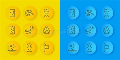 Set Line Laptop With Location Marker City Map Navigation Route Location Compass Stop Sign