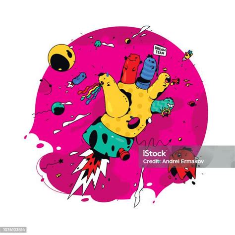 손의 추상 그림입니다 초현실적인 공간에 손가락 문자 손입니다 로켓손 최고 관리자의 상징 일러스트 포스터 배너 이미지 팀 꿈입니다 그래피티에 대한 스톡 벡터 아트 및 기타