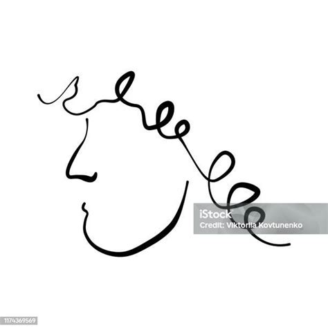 곱슬 머리를 가진 남자의 초상화입니다 라인 아트 낙서 스케치입니다 흰색 배경에 검은 색 윤곽선입니다 벡터 그림입니다 건강한 생활방식에 대한 스톡 벡터 아트 및 기타 이미지