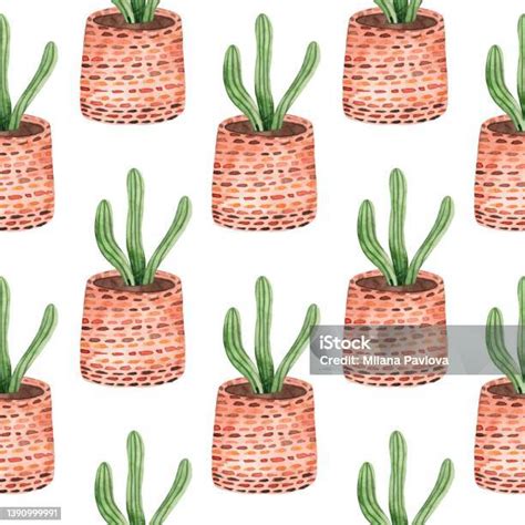 보호 냄비에 녹색 선인장이있는 수채화 이음새가 없는 패턴 가정 관엽 식물 열대 이국적인 사막 식물과 배경 멕시코 섬유 직물 배경 화면 선물 포장 귀여운에 대한 스톡 벡터