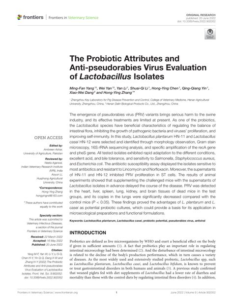Pdf The Probiotic Attributes And Anti Pseudorabies Virus Evaluation Of Lactobacillus Isolates