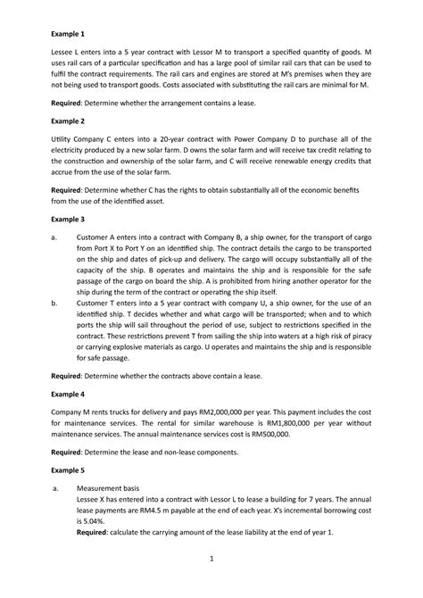 Examples On Leases 1 Lease Tutorial Example 1 Lessee L Enters Into A 5 Year Contract With