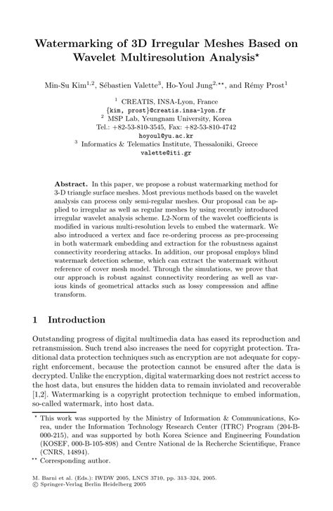 pdf watermarking of 3d irregular meshes based on wavelet