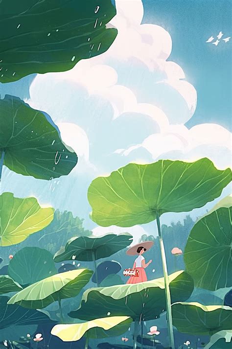 Ai数字艺术女孩池塘荷花荷叶夏季插画