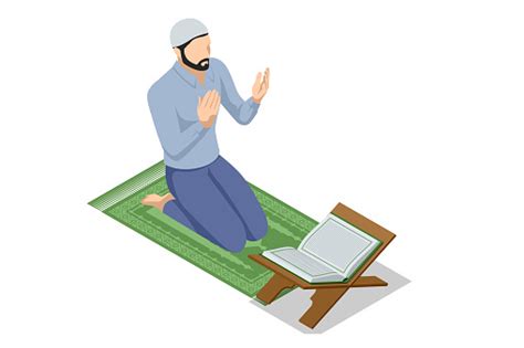 등척성 모스크 내부에서기도하는 종교적인 무슬림 남성 쿠란 은 모든 무슬림 예배의 거룩한 책으로 신에게 전통적인기도를합니다 무함마드 영성 및 종교에 대한 스톡 벡터 아트
