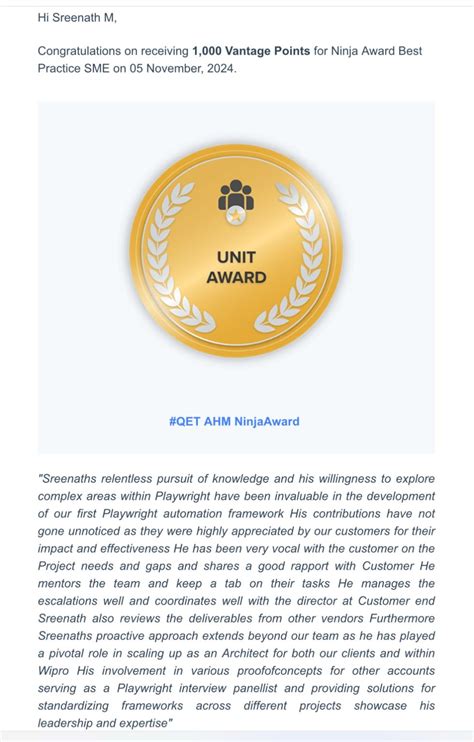 Sreenath M On Linkedin I Am Thrilled To Share I Have Received Ninja