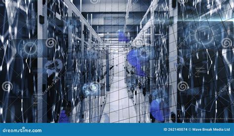 Animation Of Mathematical Equations And Screens Of Network Of Connections Over Server Room Stock