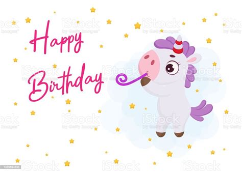 축하 파이프와 귀여운 마법의 유니콘 생일 축하 파티 인사말 카드 템플릿 밝은 컬러 스톡 벡터 일러스트레이션 0명에 대한 스톡 벡터 아트 및 기타 이미지 Istock