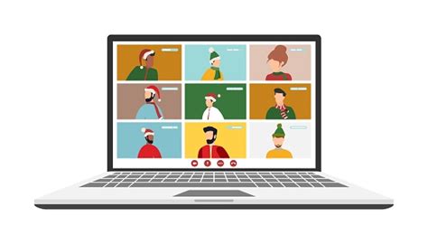 메리 크리스마스와 새해 복 많은 새해를 기원하는 사람들은 2022 년 화상 통화 또는 웹 컨퍼런스를 통해 휴일을 축하하고 선물을 제공합니다 웹 배너 포스터에 대한 플랫 벡터