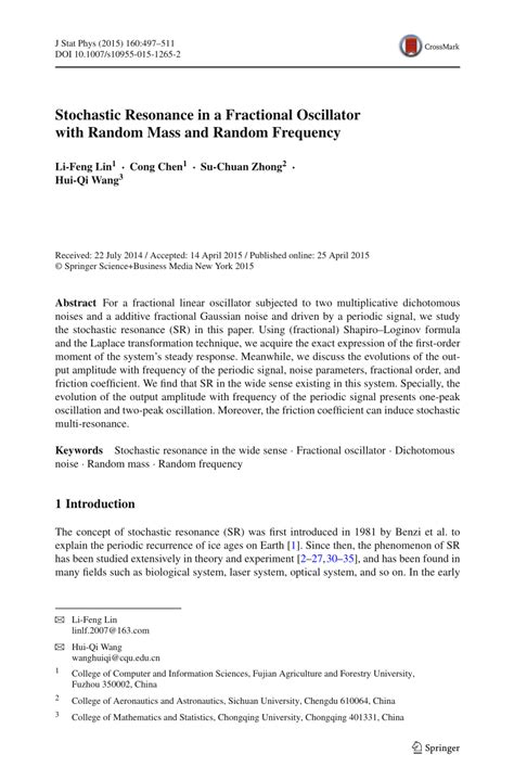Pdf Stochastic Resonance In A Fractional Oscillator With Random Mass