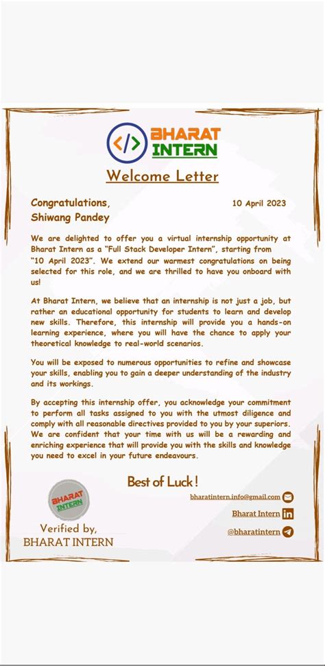 Shiwang Pandey On Linkedin Bharatintern Internship Careergrowth Opportunityknocks