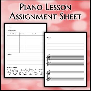 Piano Lesson Assignment Sheet Daily Practice Chart Notes Blank