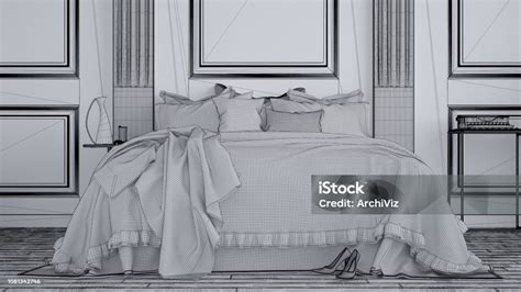 고전적인 침실 나무 벽과 더블 침대 현대 건축 인테리어 디자인의 미완성된 프로젝트 초안 침실에 대한 스톡 사진 및 기타 이미지