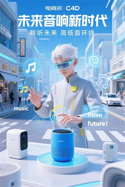 主题为 未来音响新时代” 。 聆听未来 高低音环绕” 。 人物形象：画面中间的人物具有未来感，白发、佩戴科技感眼镜，穿着浅灰色服装，动作似乎