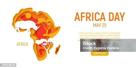 아프리카의 날 실루엣 코뿔소와 아프리카 대륙의 장식 3d 종이 컷지도 3d 종이 컷 환경 친화적 인 디자인 벡터 일러스트레이션 0명에 대한 스톡 벡터 아트 및 기타 이미지